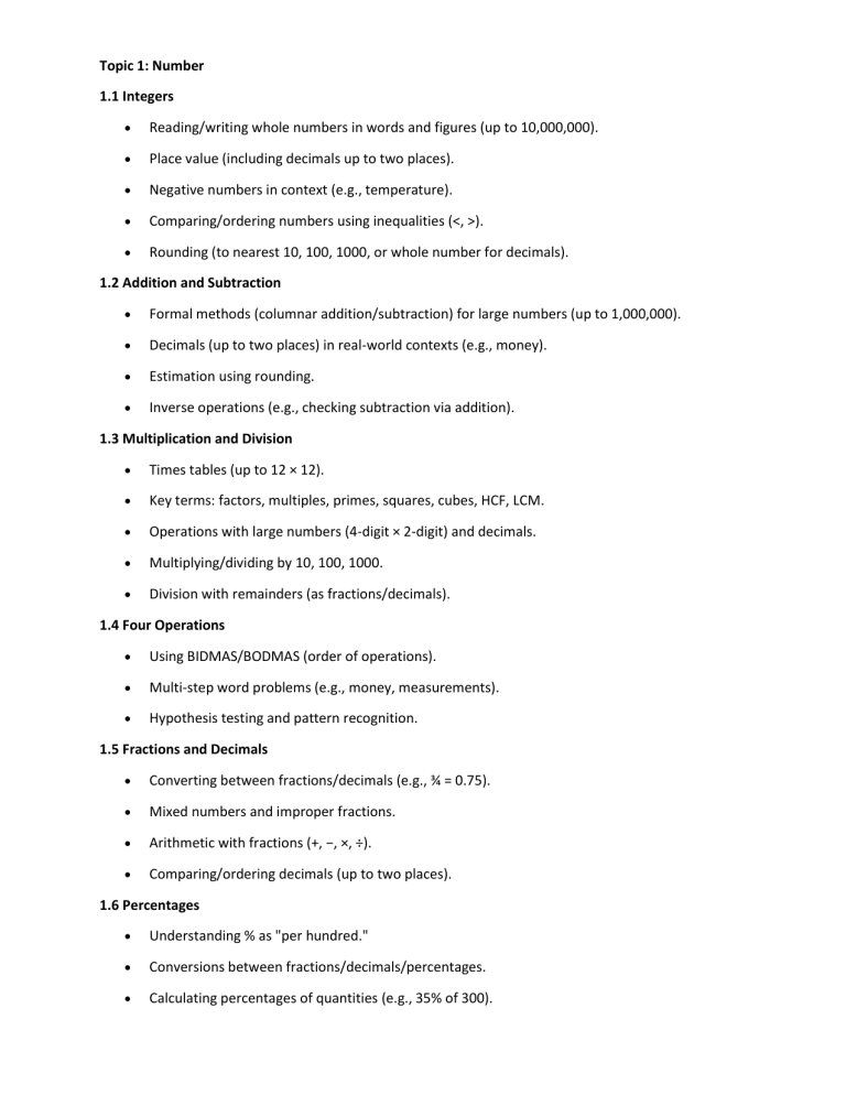 Math Curriculum Outline: Number, Algebra, Geometry, Statistics