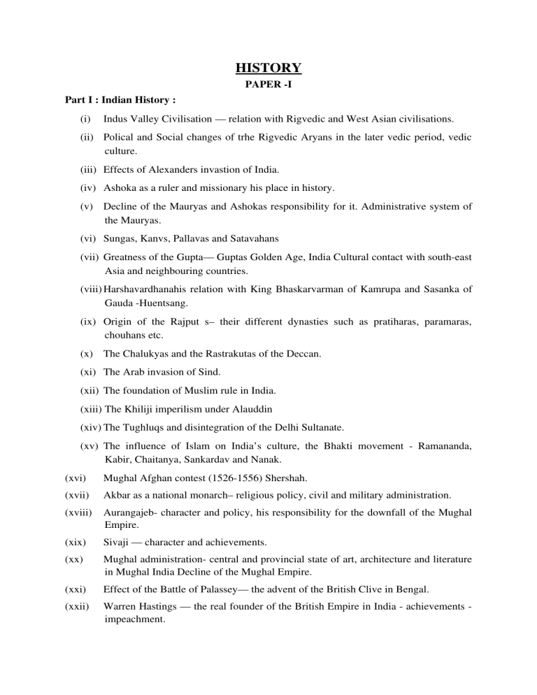 History Syllabus: Indian, British, European, & World History