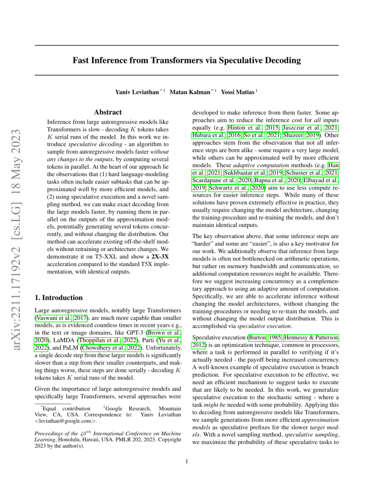 Fast Transformer Inference via Speculative Decoding