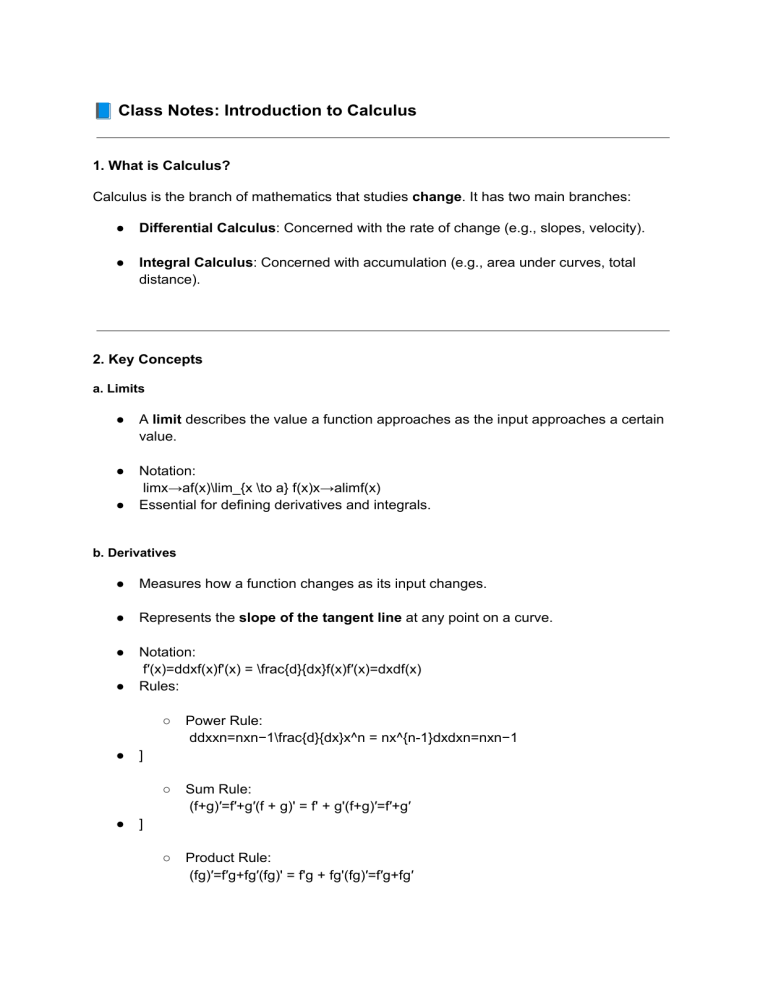 Calculus Introduction: Limits, Derivatives, Integrals