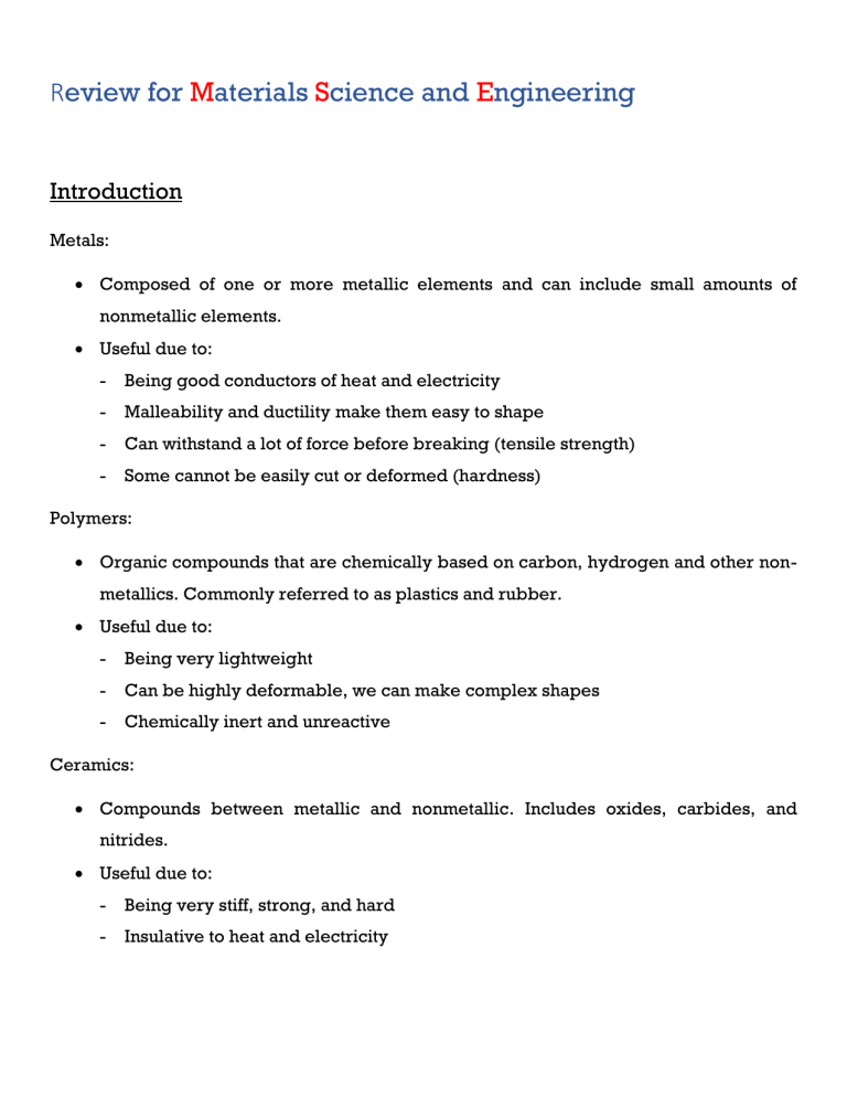 Materials Science & Engineering Review: Metals, Polymers, Ceramics