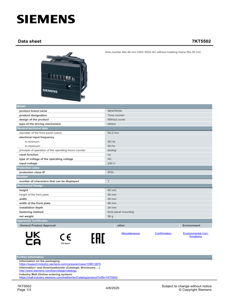 SENTRON 7KT5502 Time Counter Data Sheet