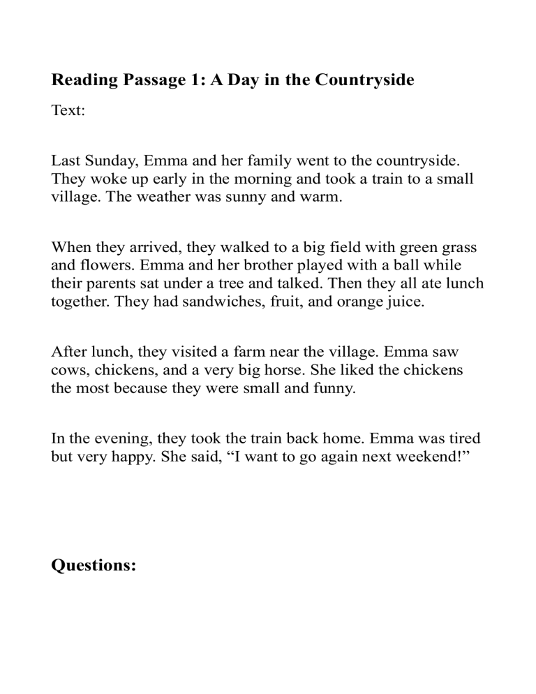 Reading Comprehension Passages for Elementary School