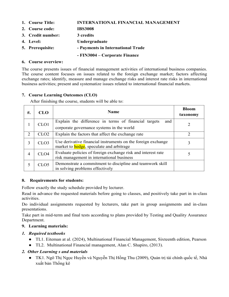 International Financial Management Course Syllabus