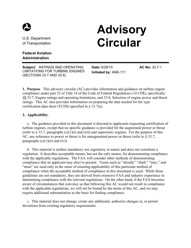 Turbine Engine Ratings & Limitations: FAA Advisory Circular