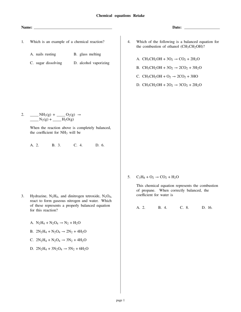 Chemical Equations Worksheet: Balancing & Reaction Types