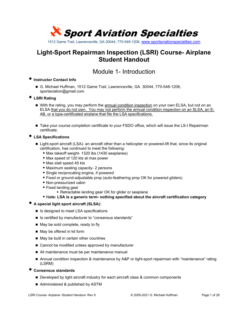 LSRI Course: Light-Sport Aircraft Inspection & Regulations