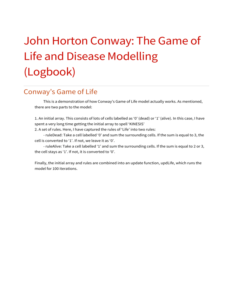 Conway's Game of Life & Disease Modeling Logbook