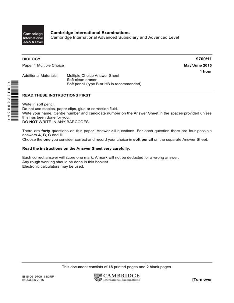 Cambridge A Level Biology: Multiple Choice Exam Paper