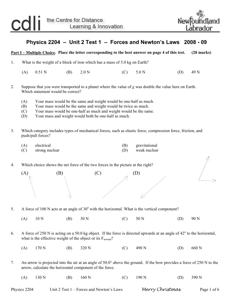 Physics Forces & Newton's Laws Test - High School