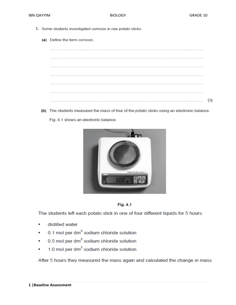 Grade 10 Biology Exam: Osmosis & Experiment Design