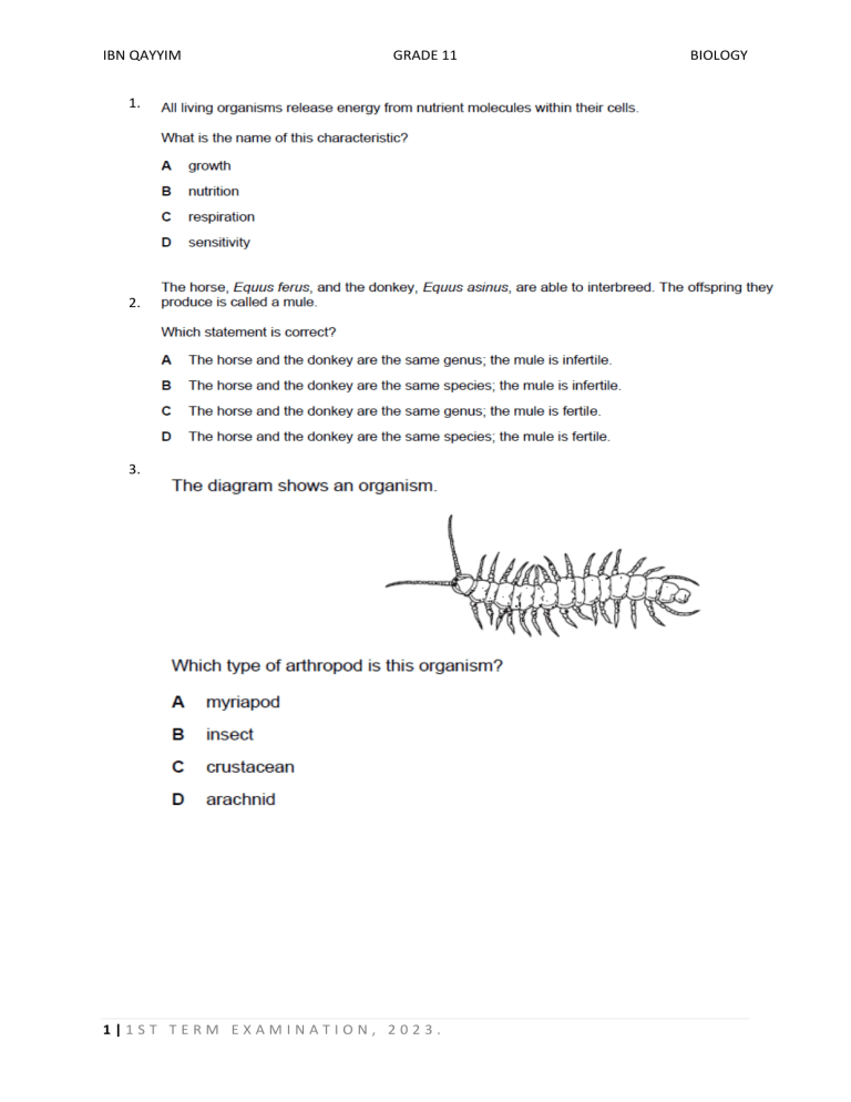 Grade 11 Biology Exam - Ibn Qayyim