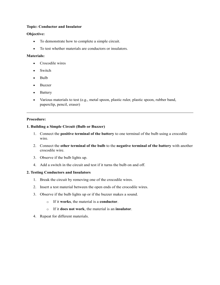 Conductors and Insulators Lab Worksheet