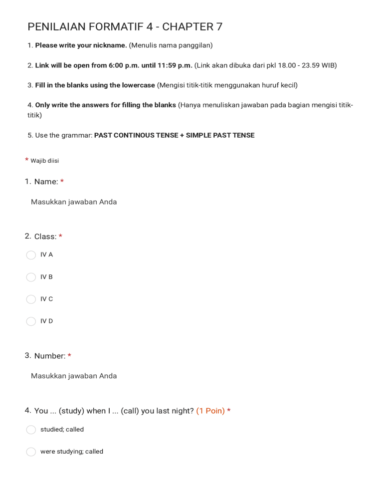 Past Tense Quiz: Chapter 7 Formative Assessment