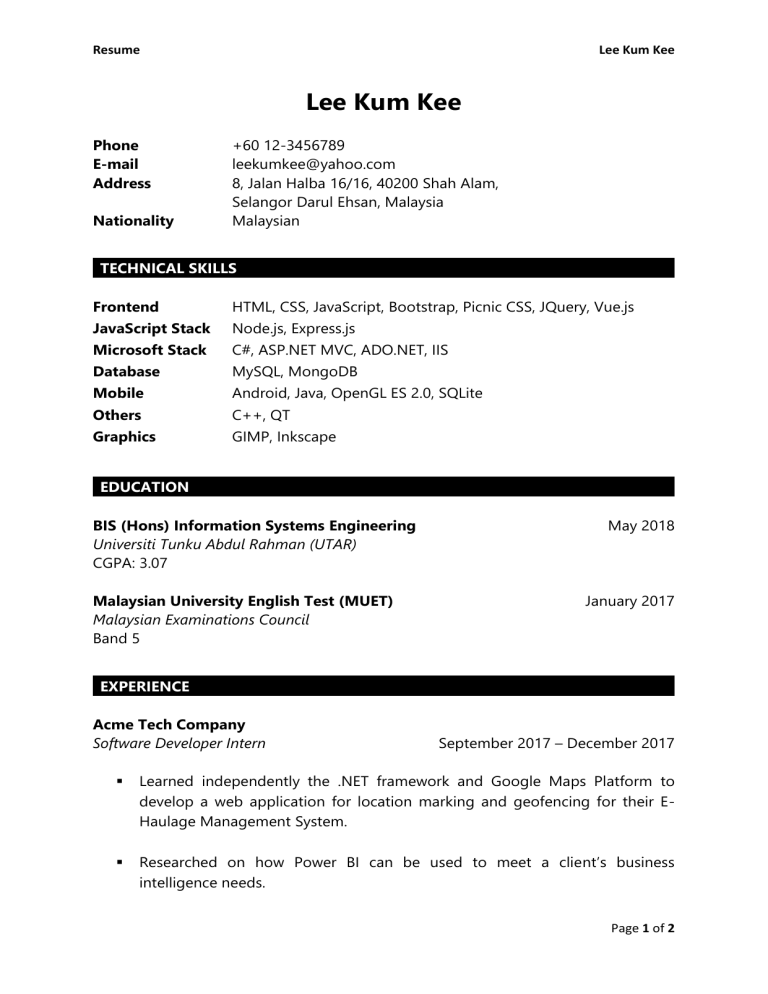 Lee Kum Kee - Software Developer Resume