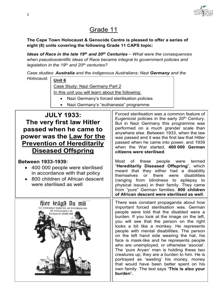 Nazi Germany: Sterilization & Euthanasia - Grade 11 Unit