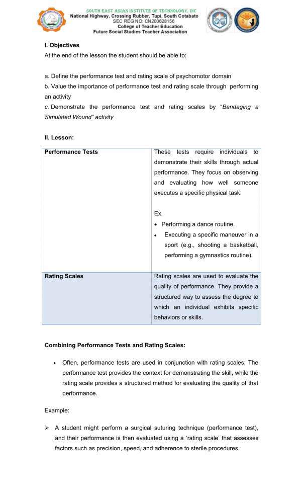 Performance Tests & Rating Scales: Bandaging Lesson