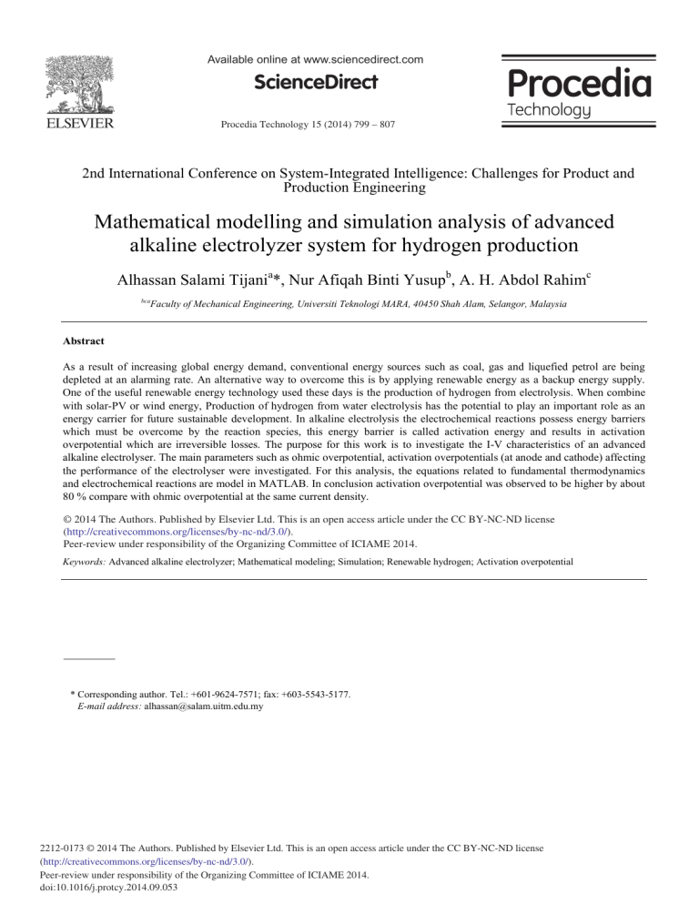 Alkaline Electrolyzer Modeling for Hydrogen Production