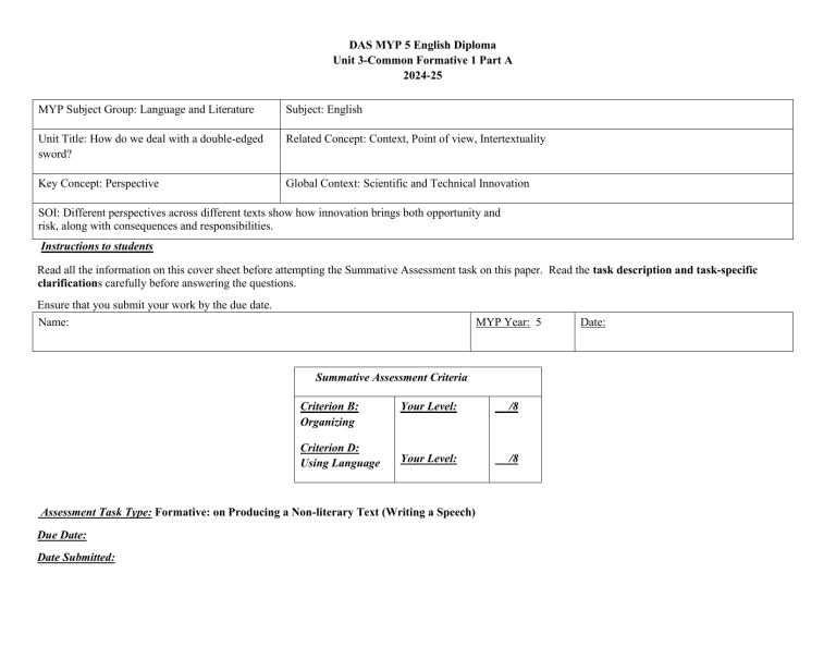 MYP 5 English Speech Analysis: Innovation & Perspective