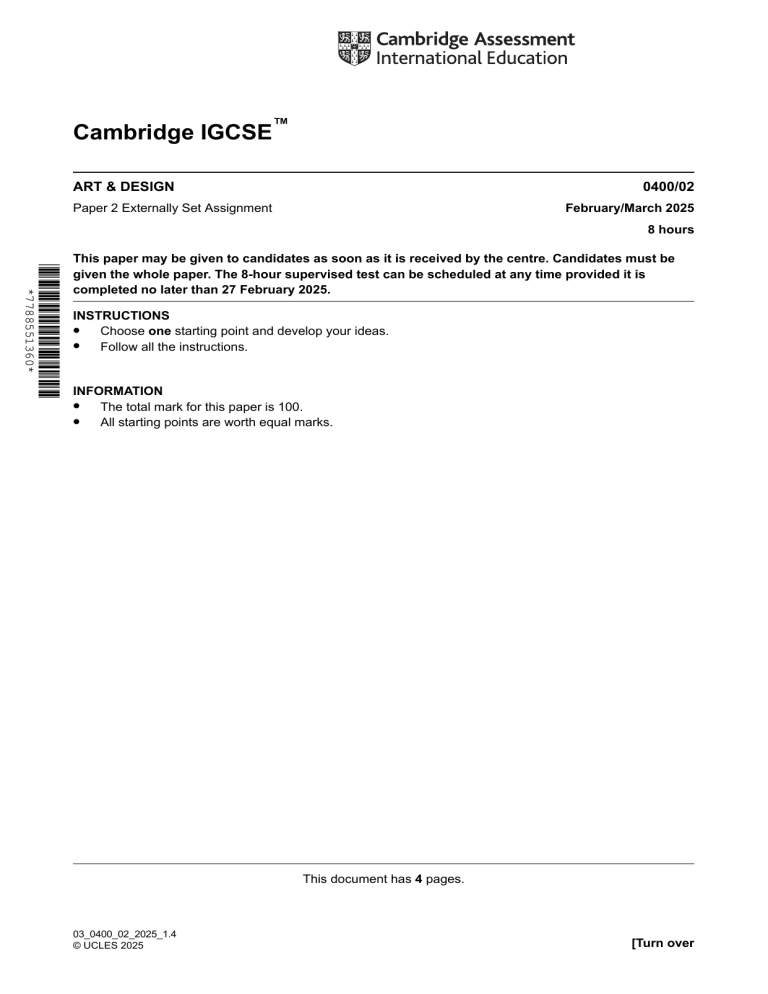 IGCSE Art & Design Exam Paper 2025