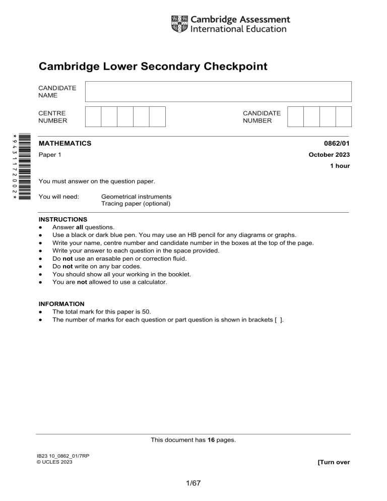 Cambridge Checkpoint Math Paper 1 Oct 2023
