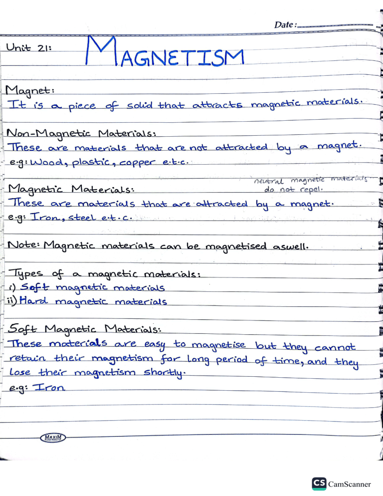 Magnetism Notes: Magnetic Materials & Types