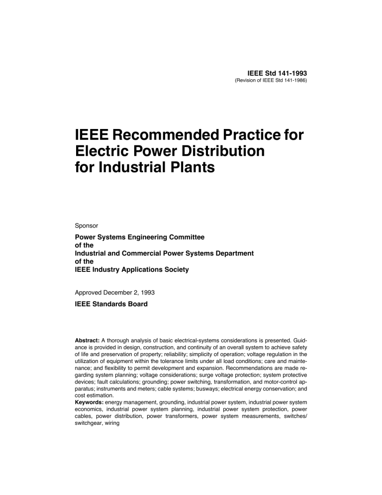 IEEE Electric Power Distribution for Industrial Plants