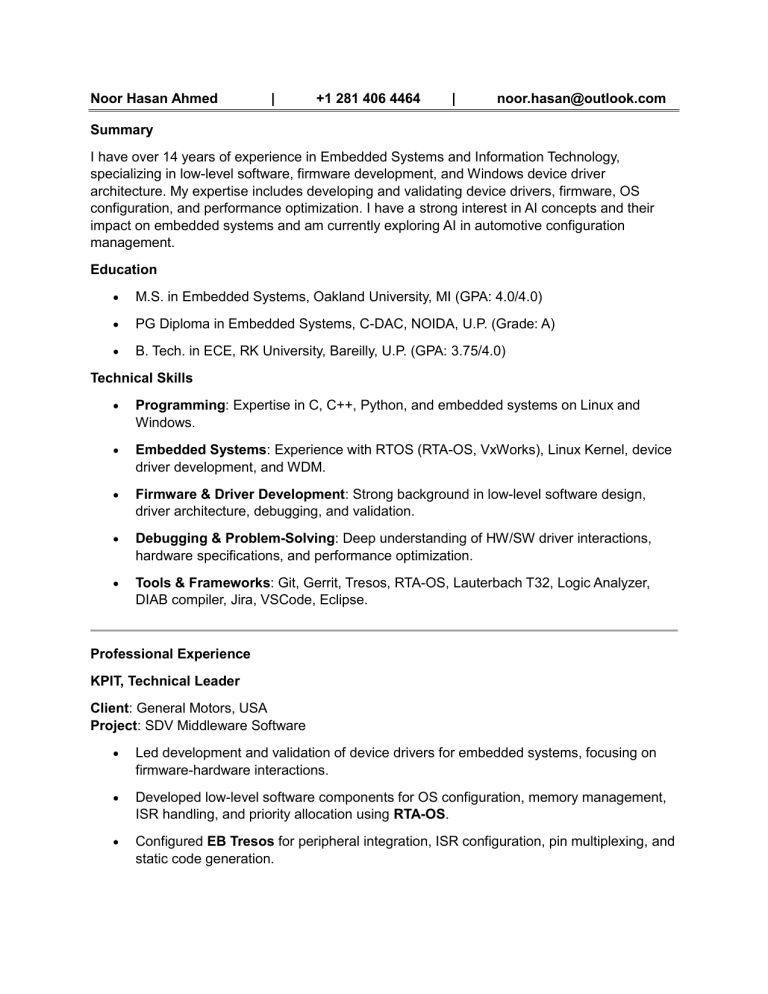Embedded Systems Resume: Noor Hasan Ahmed