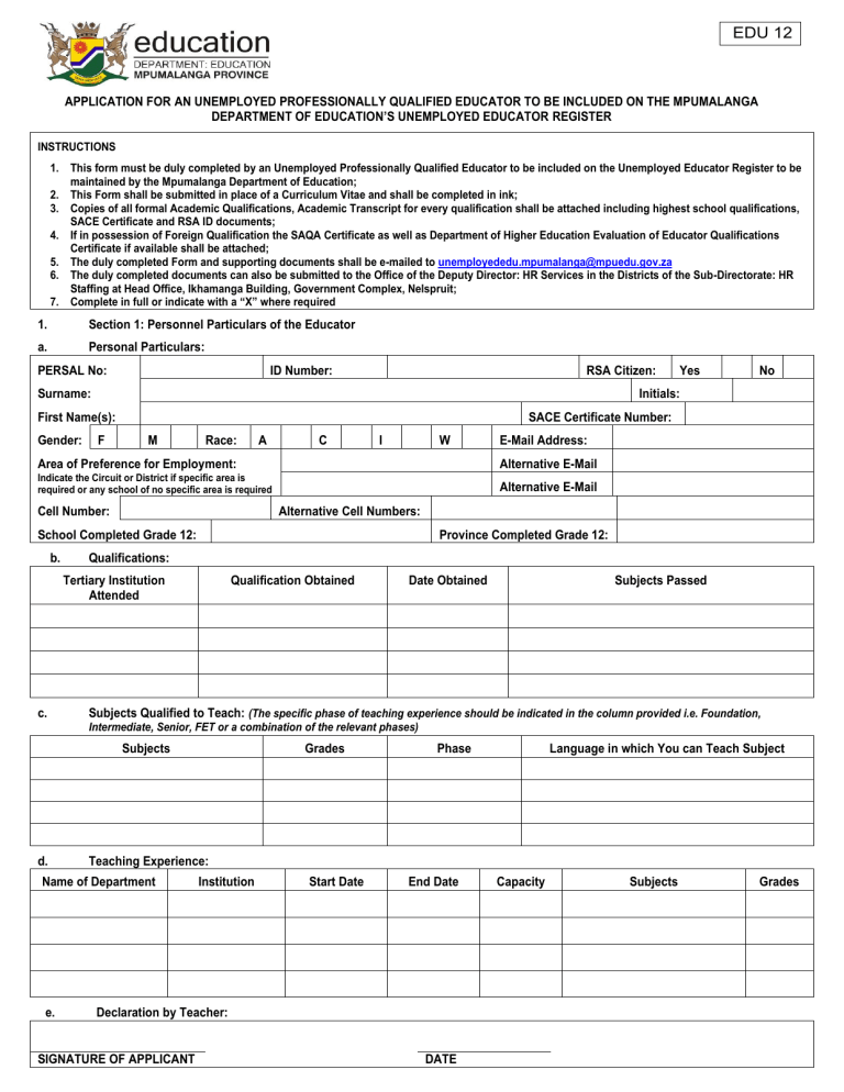 Educator Application Form - Mpumalanga Education Department