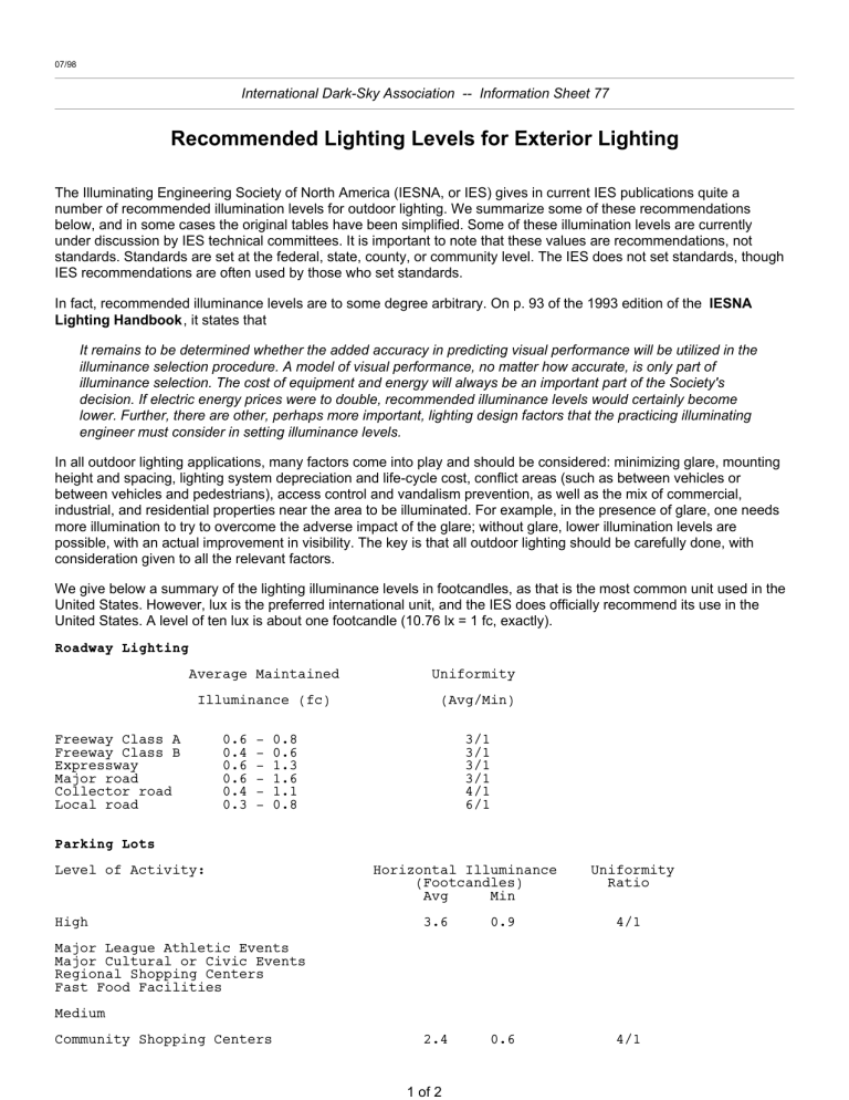 Exterior Lighting Levels: IESNA Recommendations