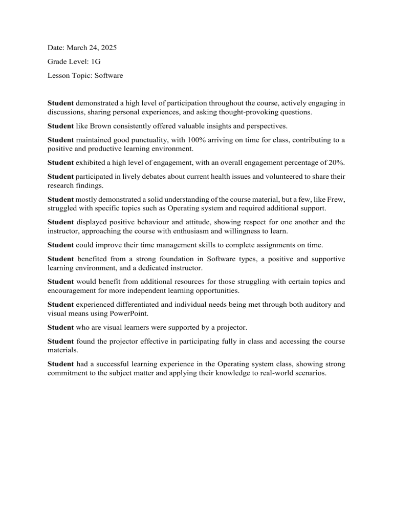 Software Lesson Notes for Grade 1