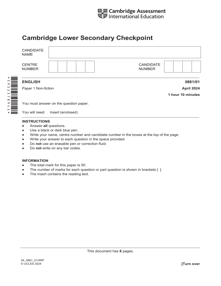 Cambridge Checkpoint English Exam Paper - Non-fiction