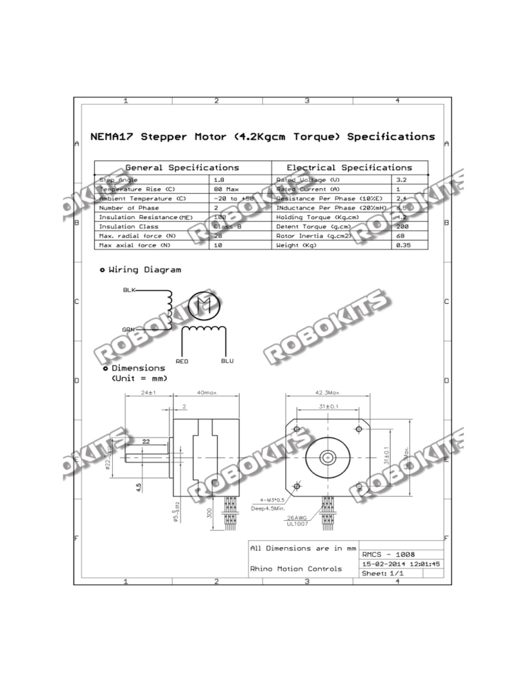 NEMA17 Stepper Motor Specifications Datasheet