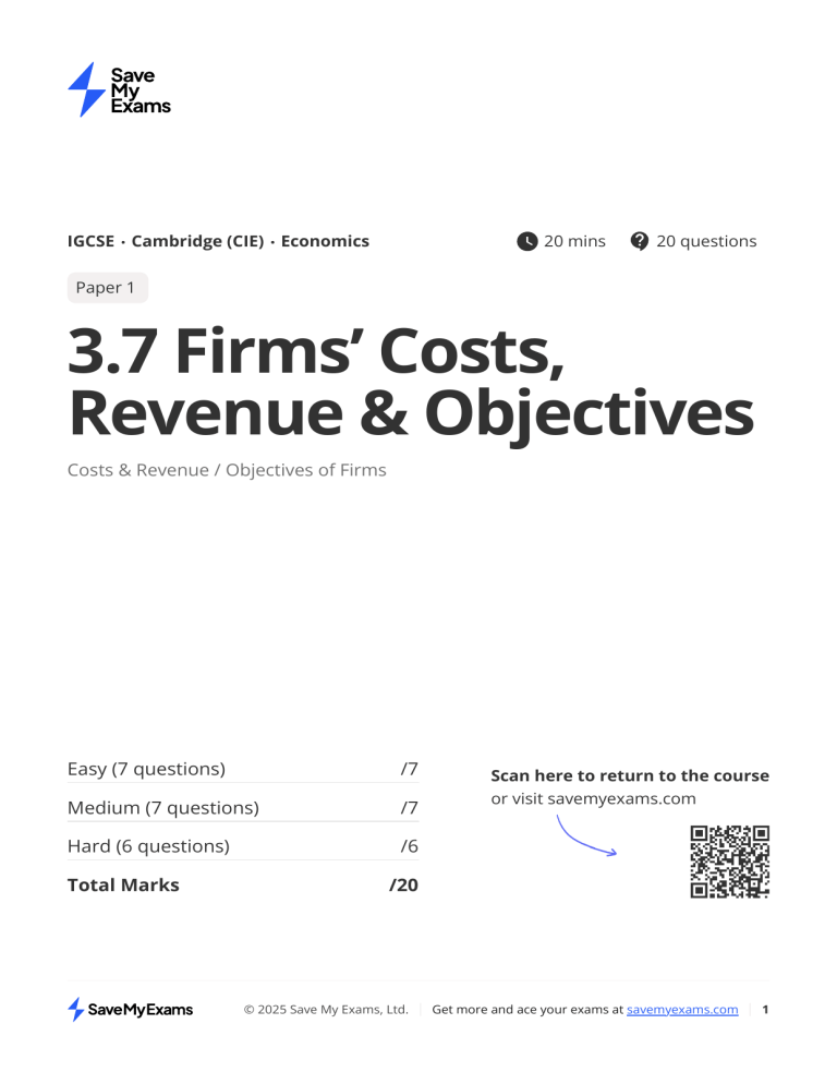 IGCSE Economics: Firms' Costs, Revenue & Objectives Exam