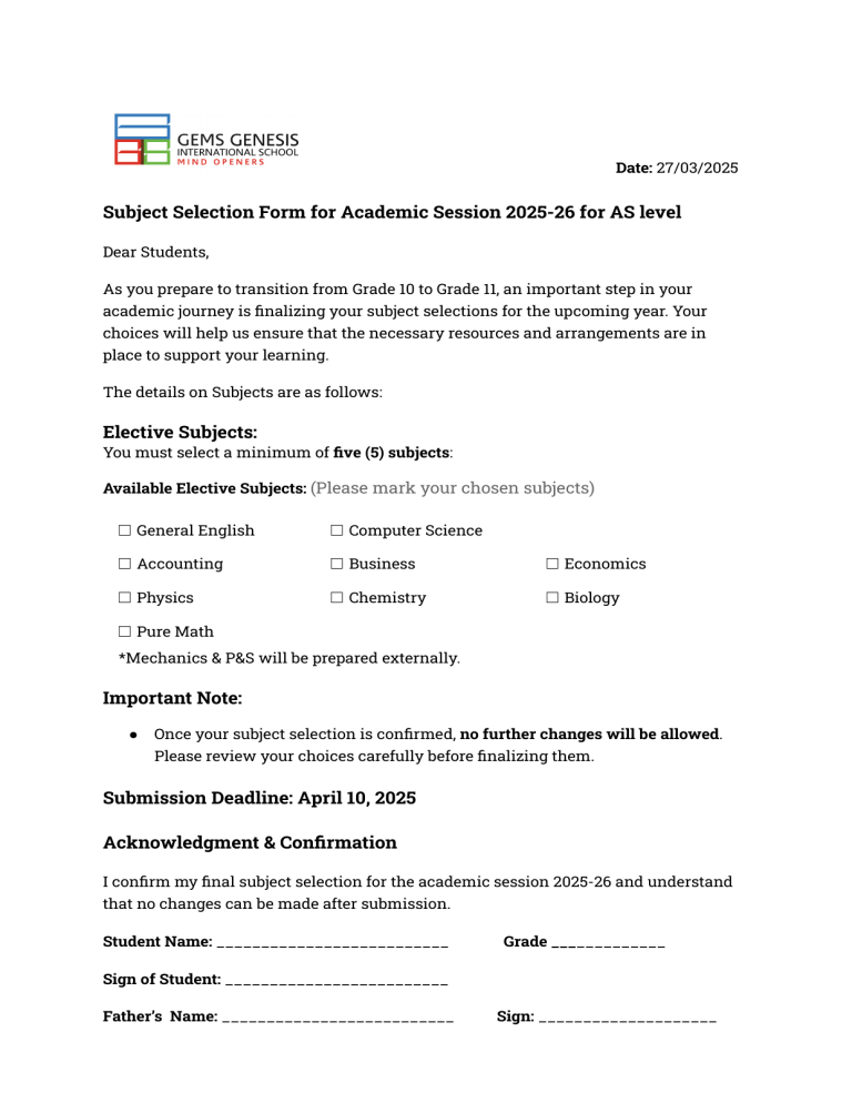 AS Level Subject Selection Form 2025-26