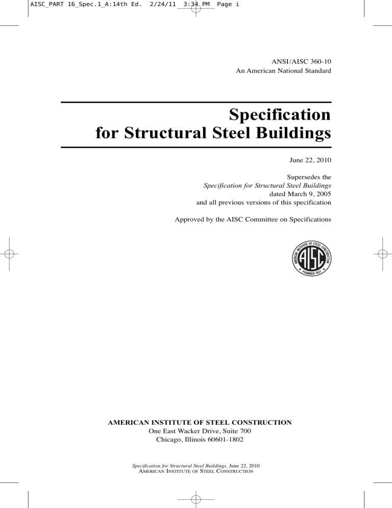 Structural Steel Buildings Specification - AISC 360-10
