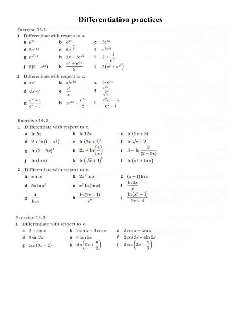 Differentiation Practice: Exponential, Logarithmic, Trig Functions