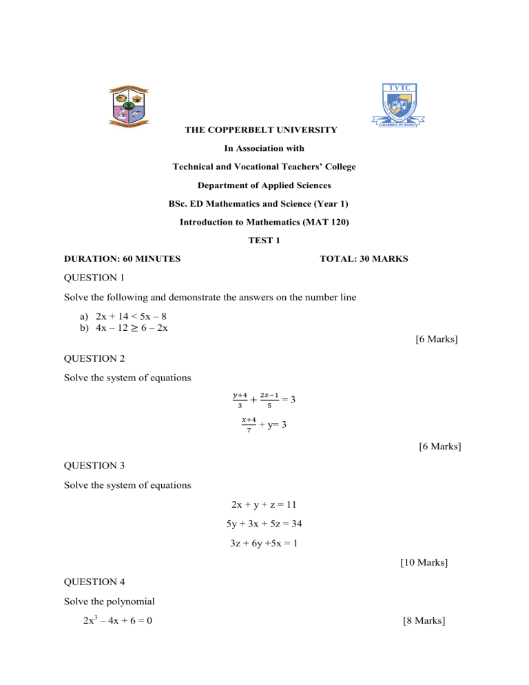 MAT 120: Introduction to Mathematics Test 1