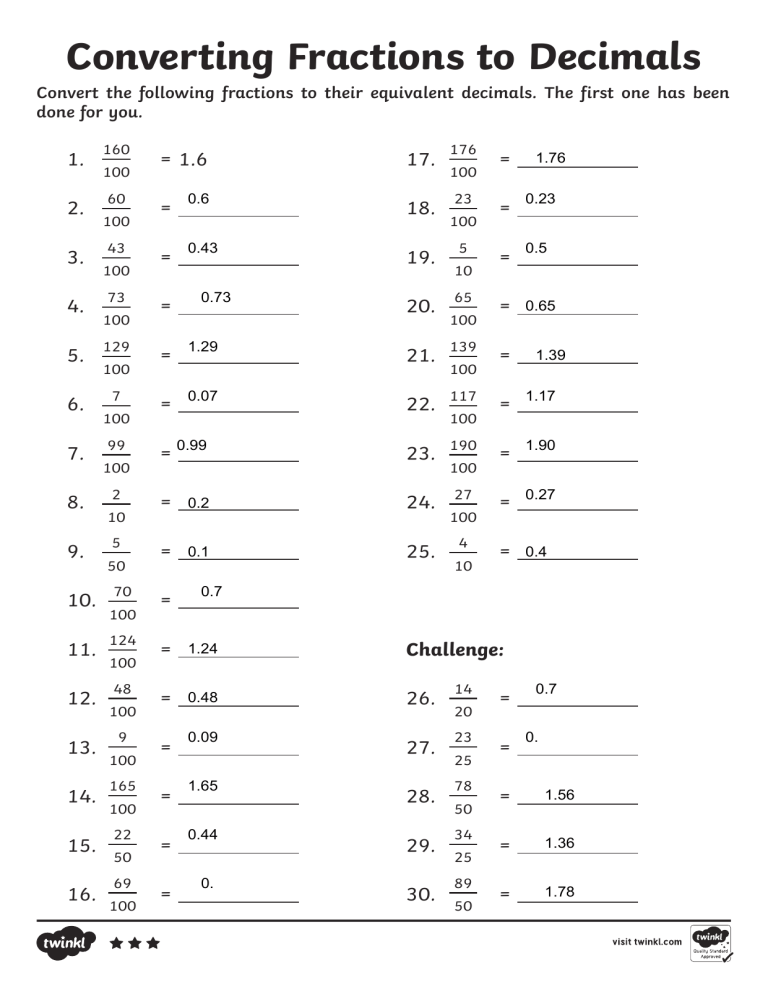 Fractions to Decimals Worksheet