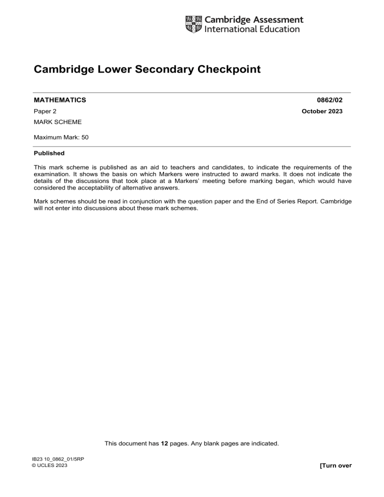 Cambridge Checkpoint Math Mark Scheme 0862/02 Oct 2023