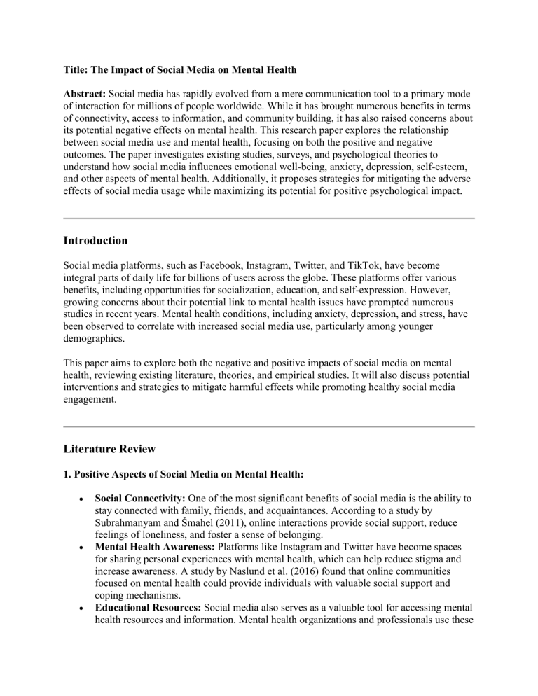 Social Media & Mental Health: A Research Paper
