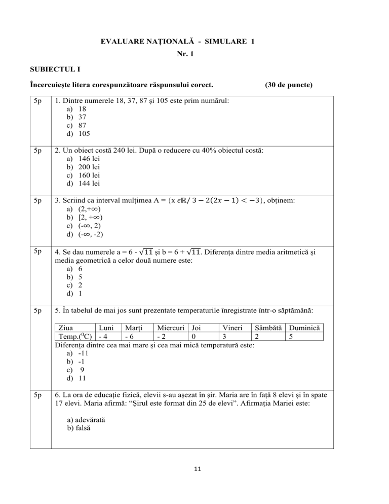 Simulare Examen Evaluare Națională - Matematică