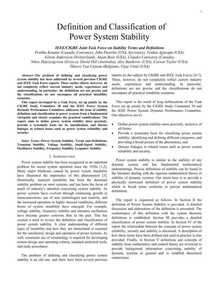 Power System Stability: Definition and Classification