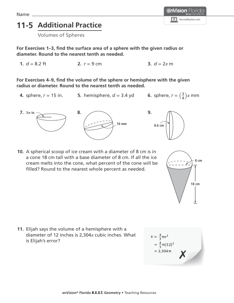 Volumes of Spheres Geometry Worksheet
