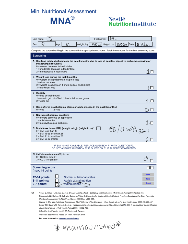 Mini Nutritional Assessment (MNA) Form for Elderly