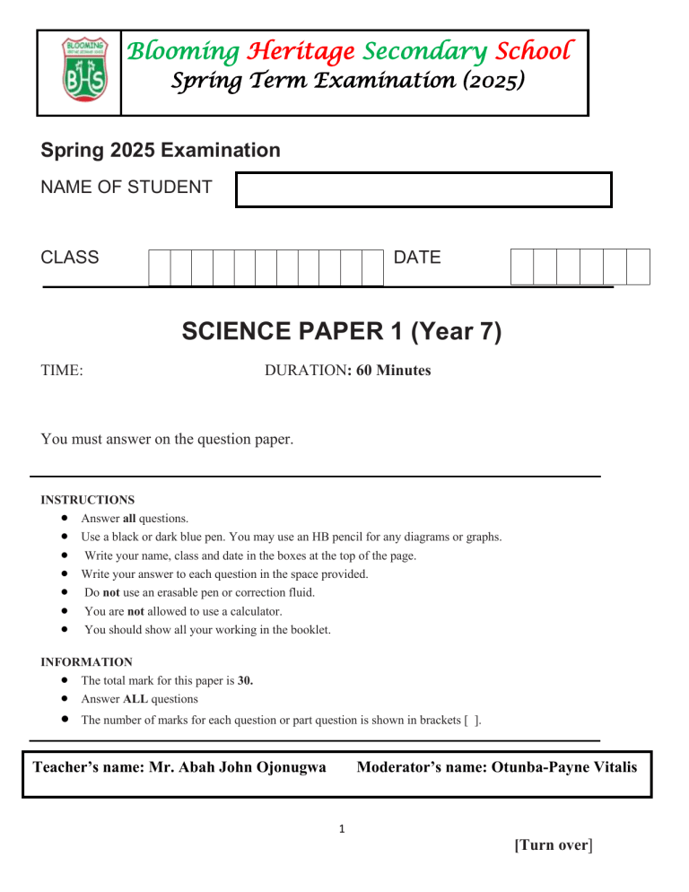 Year 7 Science Exam Paper - Spring 2025
