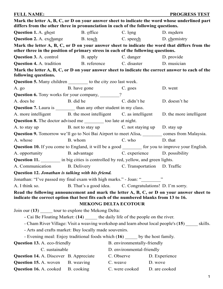 English Progress Test: Grammar, Vocabulary, Reading