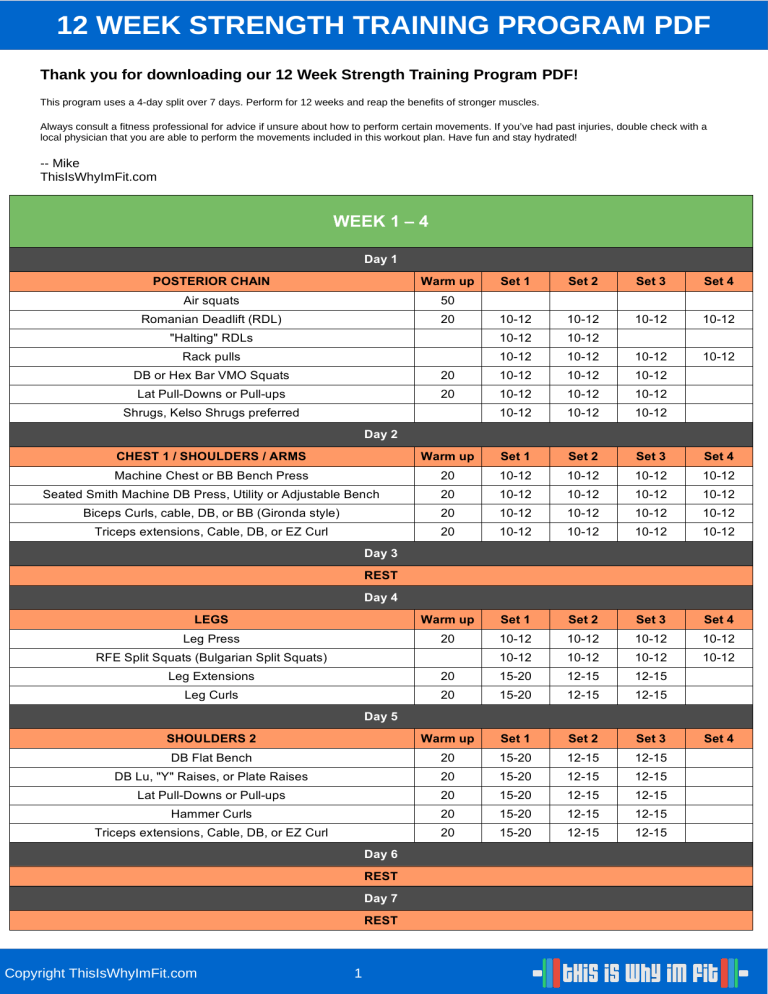 12 Week Strength Training Program PDF | Full Workout Plan
