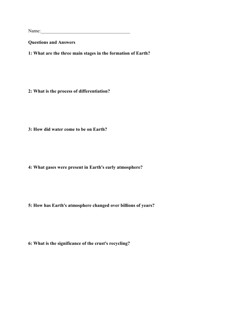 Earth's Formation: Questions and Answers Worksheet