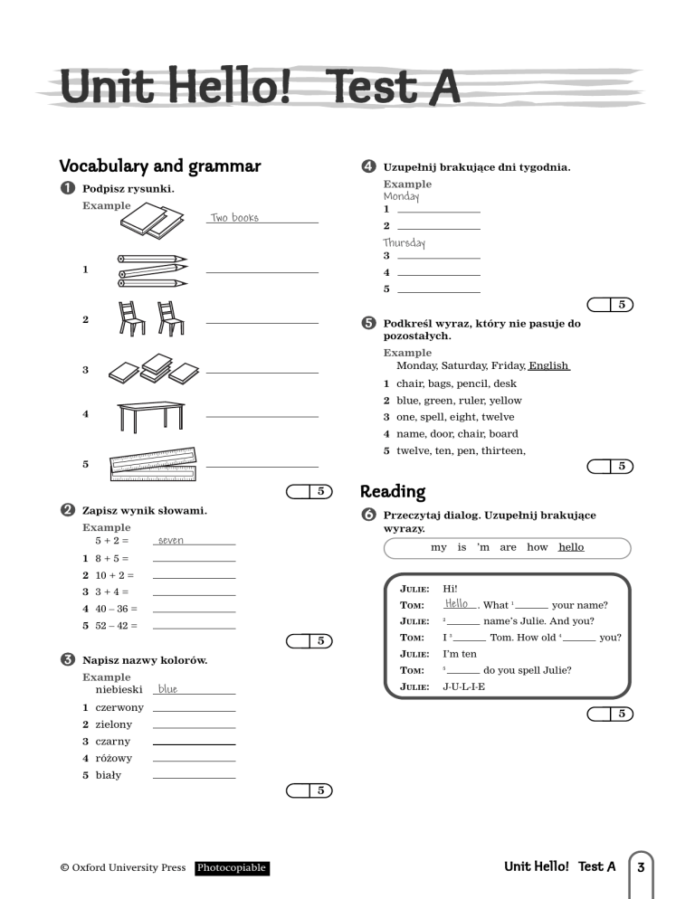 Unit Hello! Test A: Podstawowe słownictwo i gramatyka angielskiego